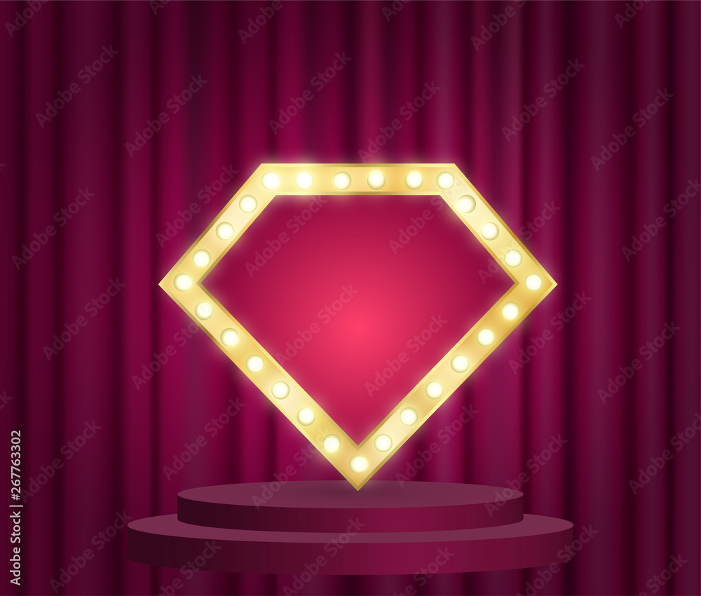 Marquee diamond sign with electric bulbs light vector effect on velvet ...