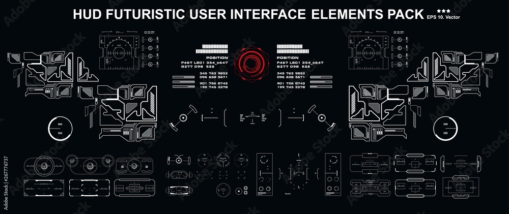 HUD elements mega set pack. Dashboard display virtual reality technology screen. Futuristic user ...