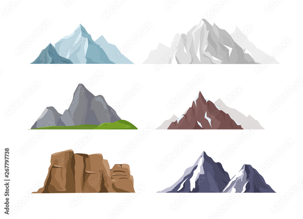 Vector illustration set of mountain icons in flat cartoon style ...