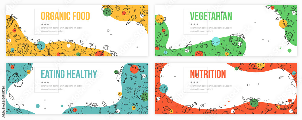 Banners collection with icons of organic food. Hand drawn modern ...