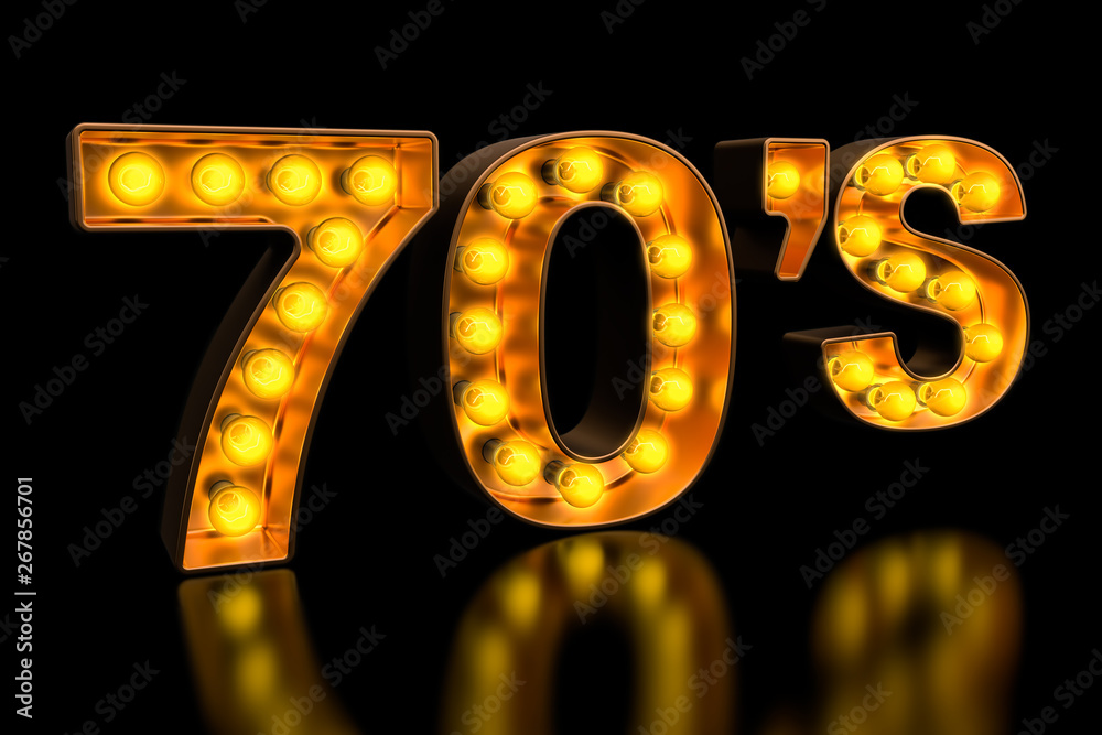 70's signboard from golden light bulb letters, retro glowing font. 3D ...