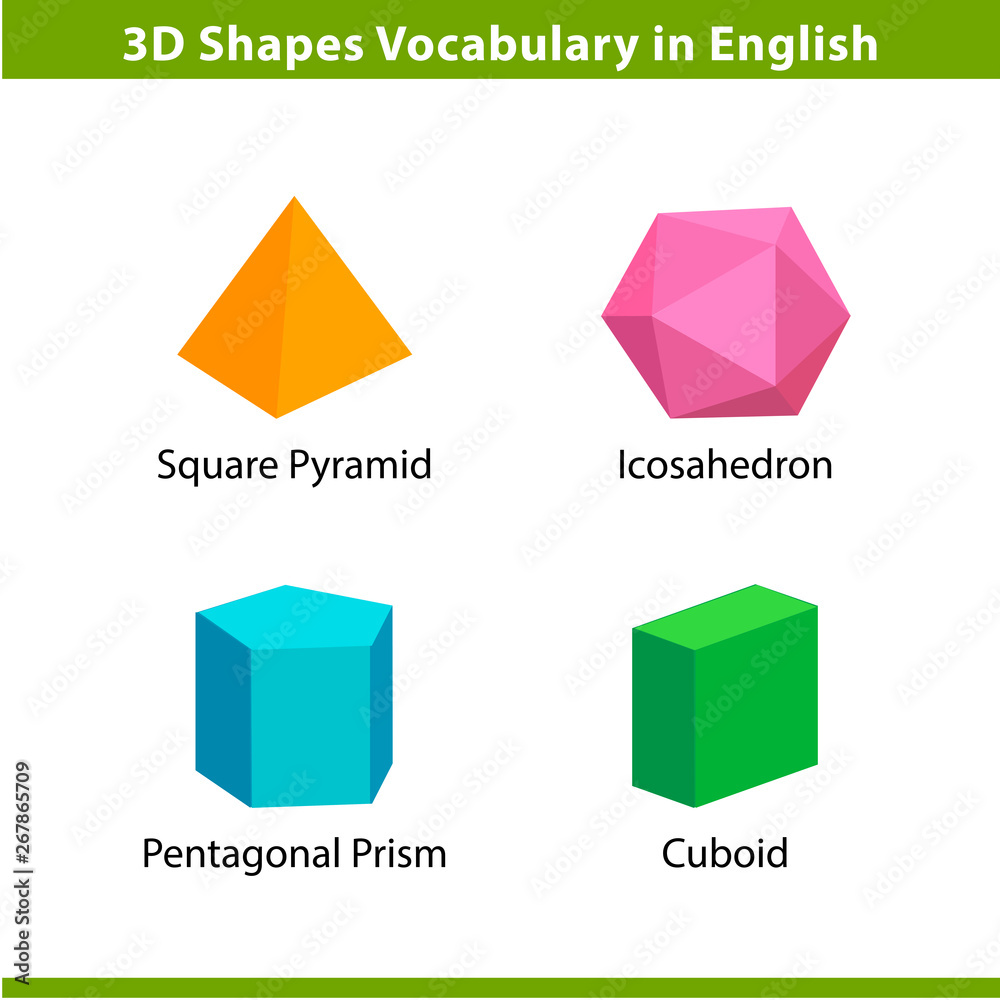 set 3D shapes vocabulary in english with their name clip art collection ...