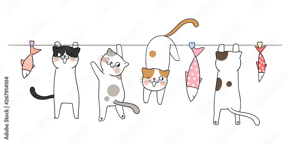 Draw cat with adorable fish. Stock Vector | Adobe Stock