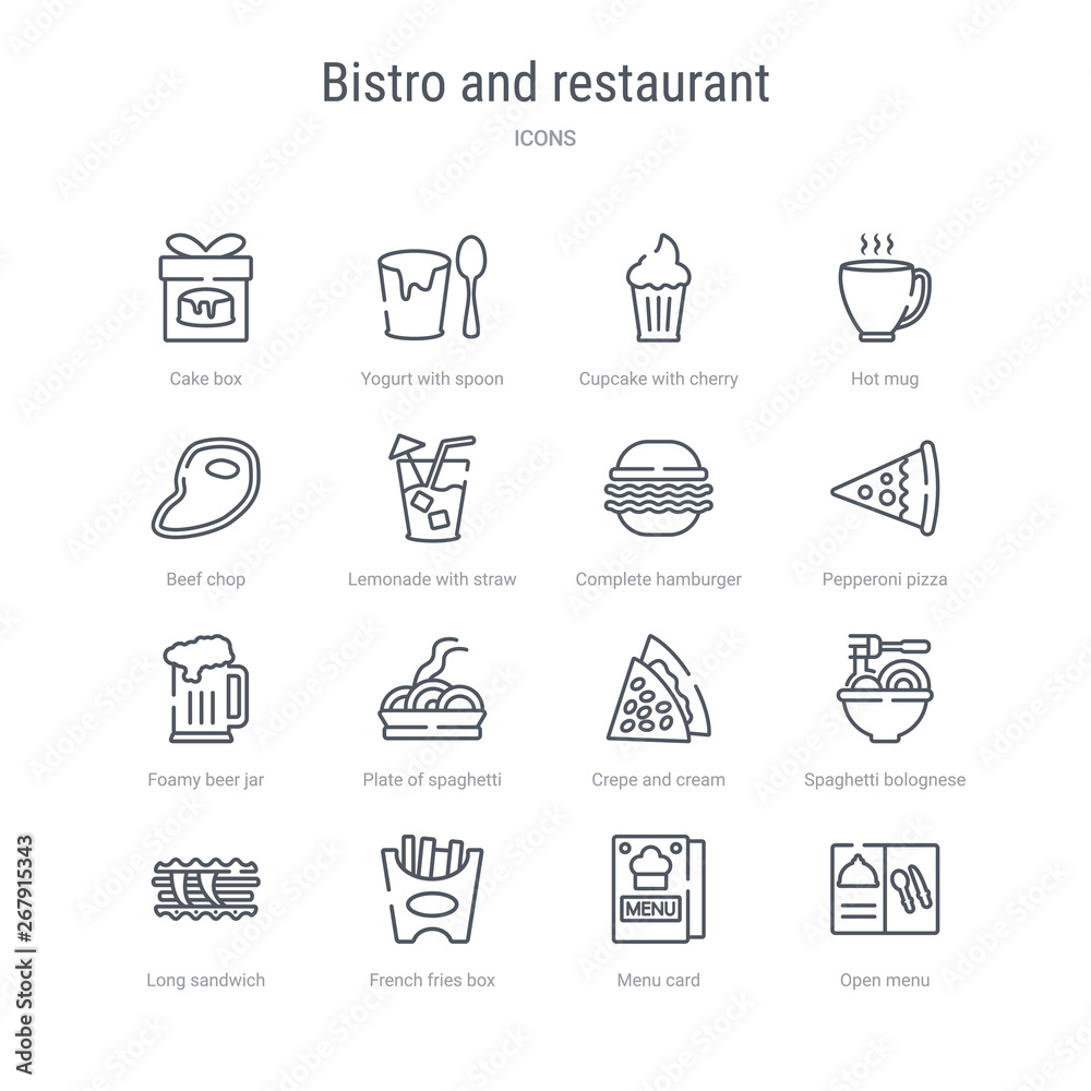 set of 16 bistro and restaurant concept vector line icons such as open ...