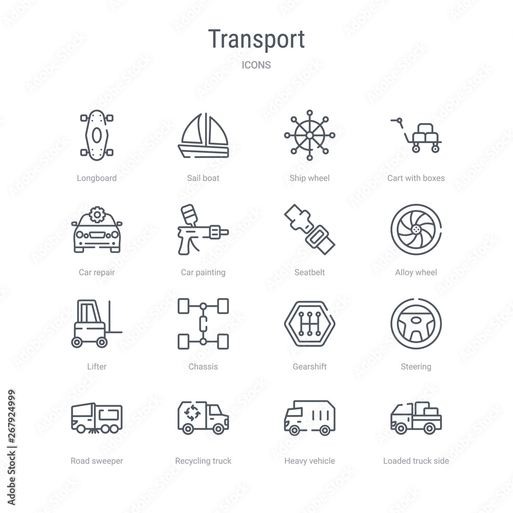 set of 16 transport concept vector line icons such as loaded truck side ...