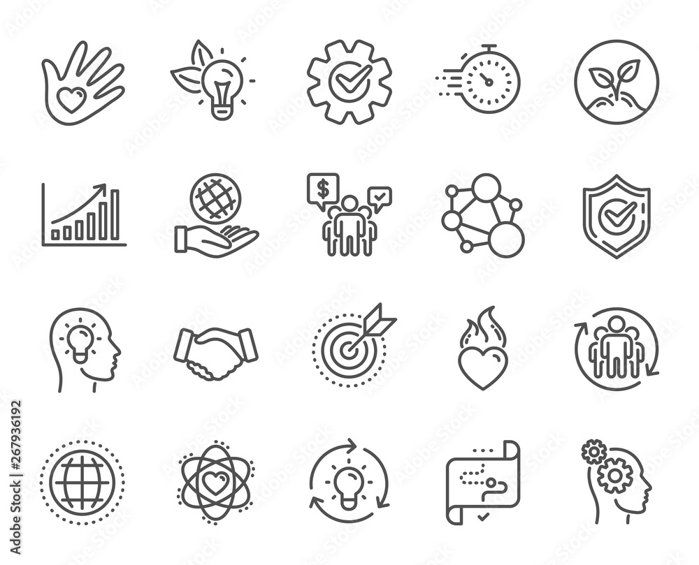 Core values line icons. Integrity, Target purpose and Strategy. Trust ...