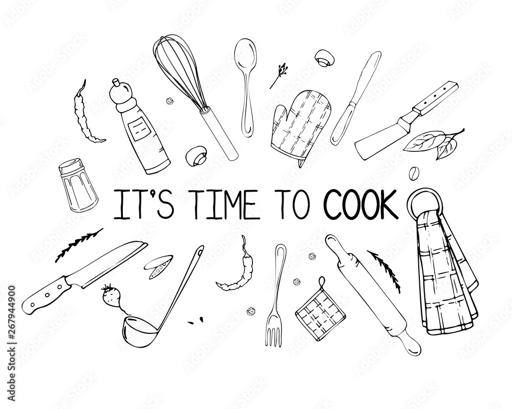 Hand drawn illustration with Kitchen Utensils. Actual vector drawing of ...