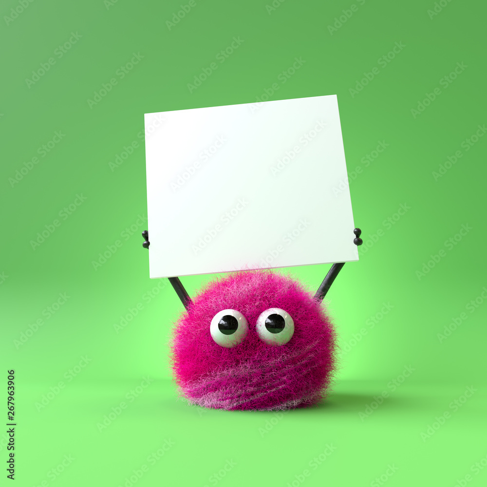 3d cute monster holding up a blank sign,colorful cartoon character ...