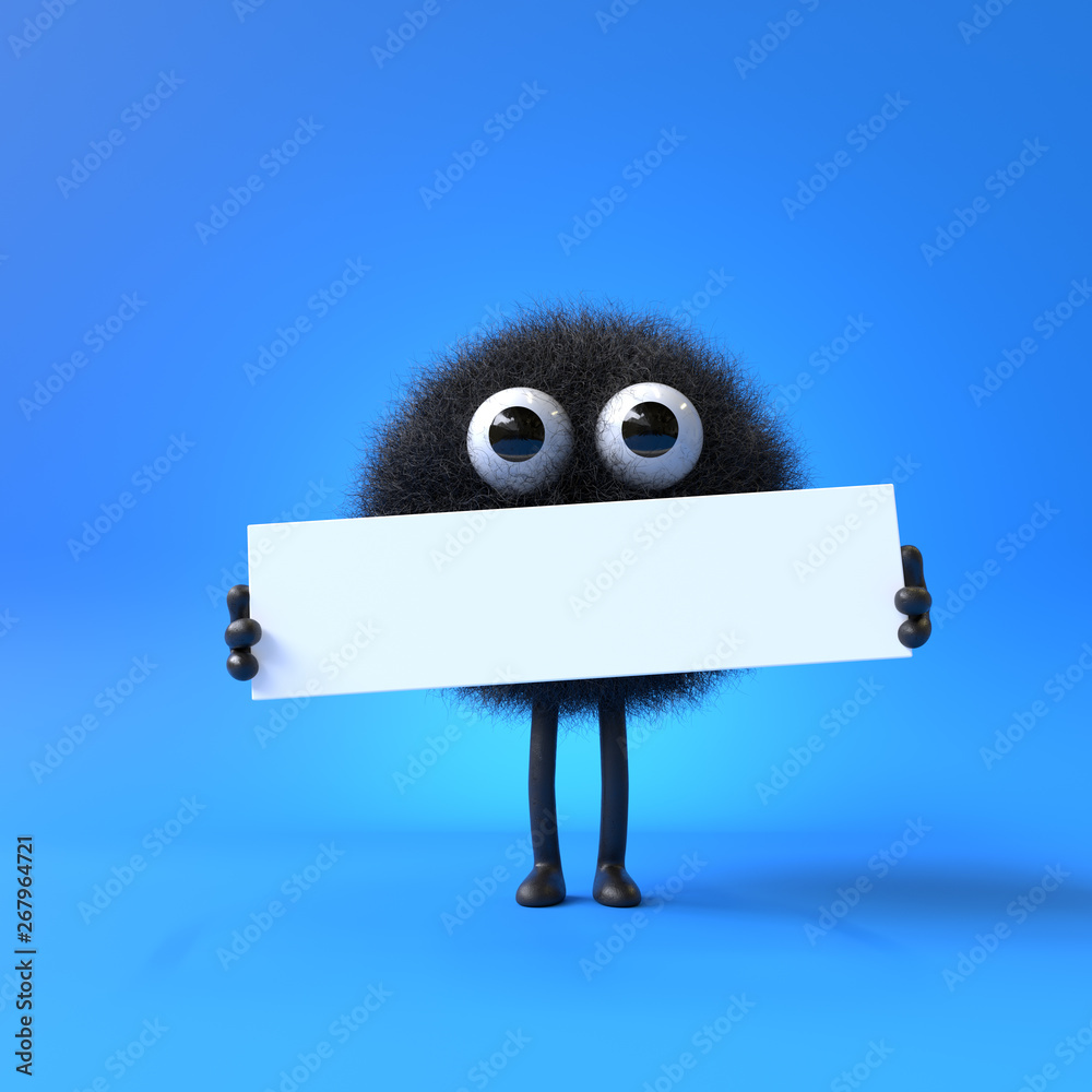 3d cute monster holding up a blank sign,colorful cartoon character ...