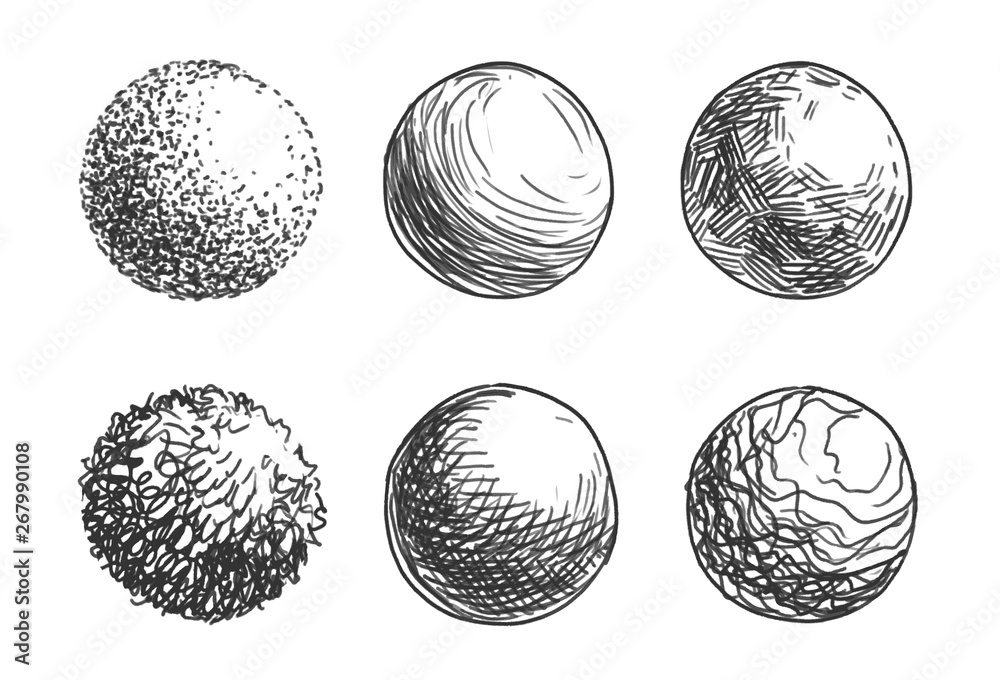 Hand drawn shaded spheres. Simple gray scale doodle sketches of circles ...