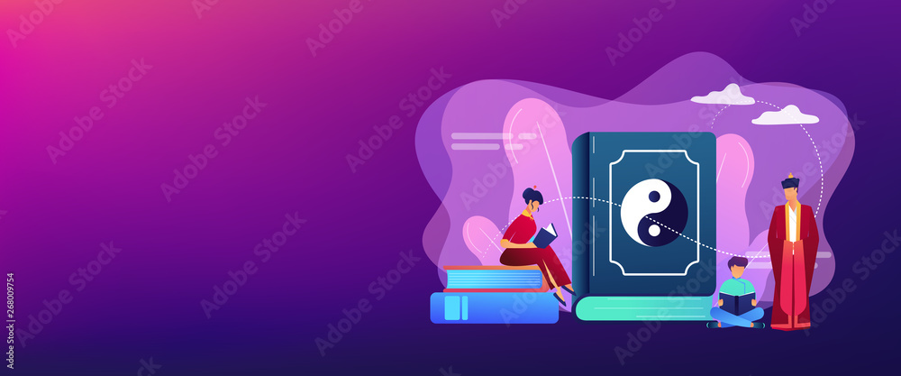 Big book with yin-yang and taoism family reading, tiny people. Yin yang ...