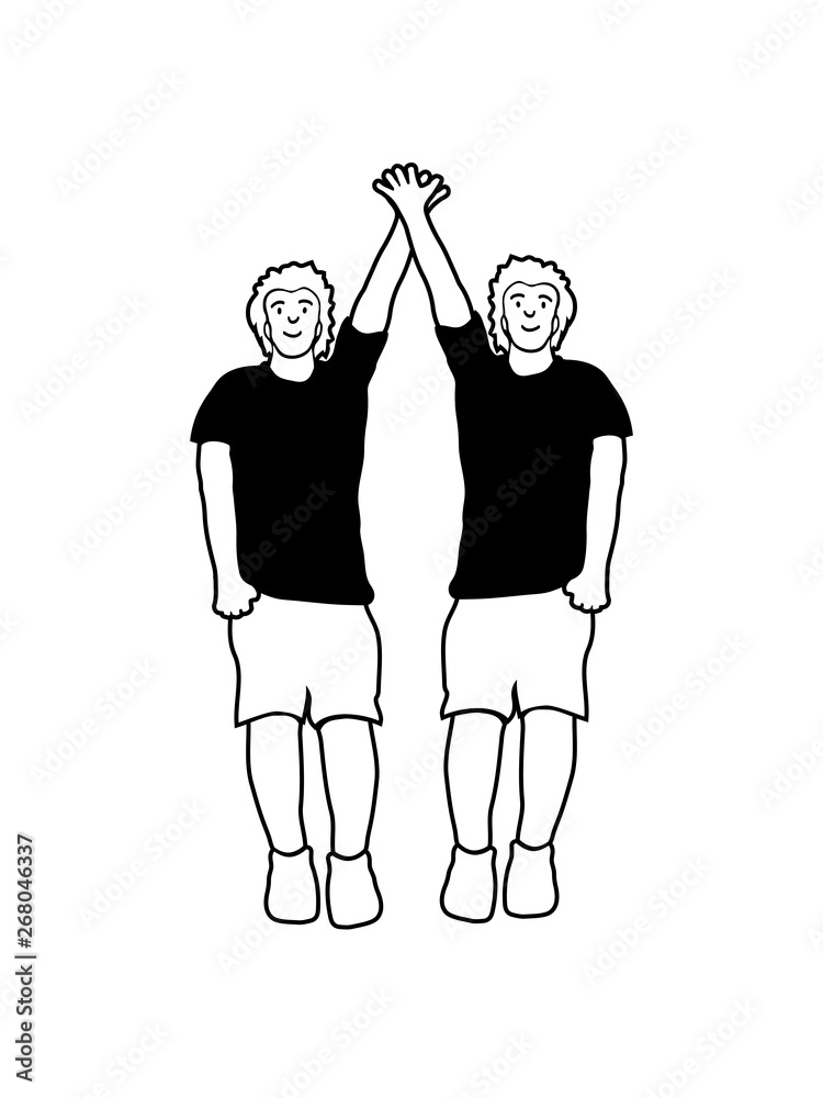 cool 2 freunde abklatschen team paar winken mann begrüßen zeigen hand ...