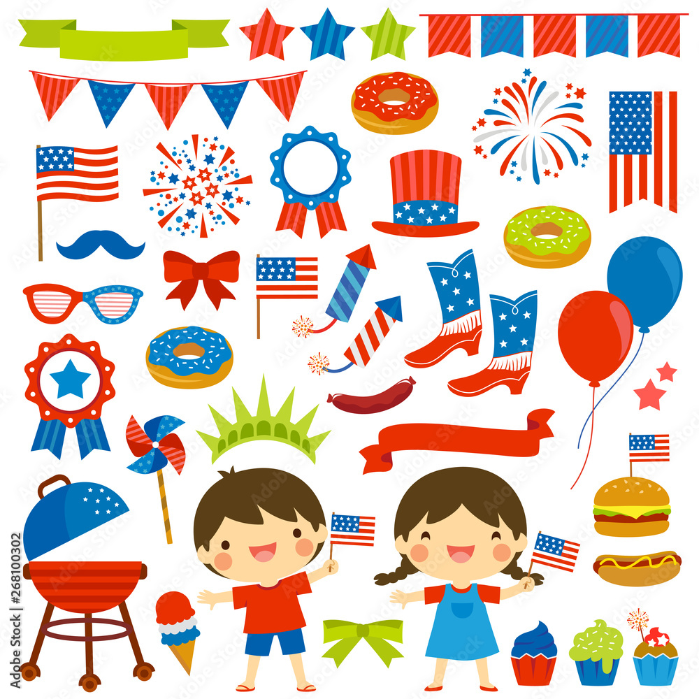 4th of July clip art set with various items and two kids Stock Vector ...