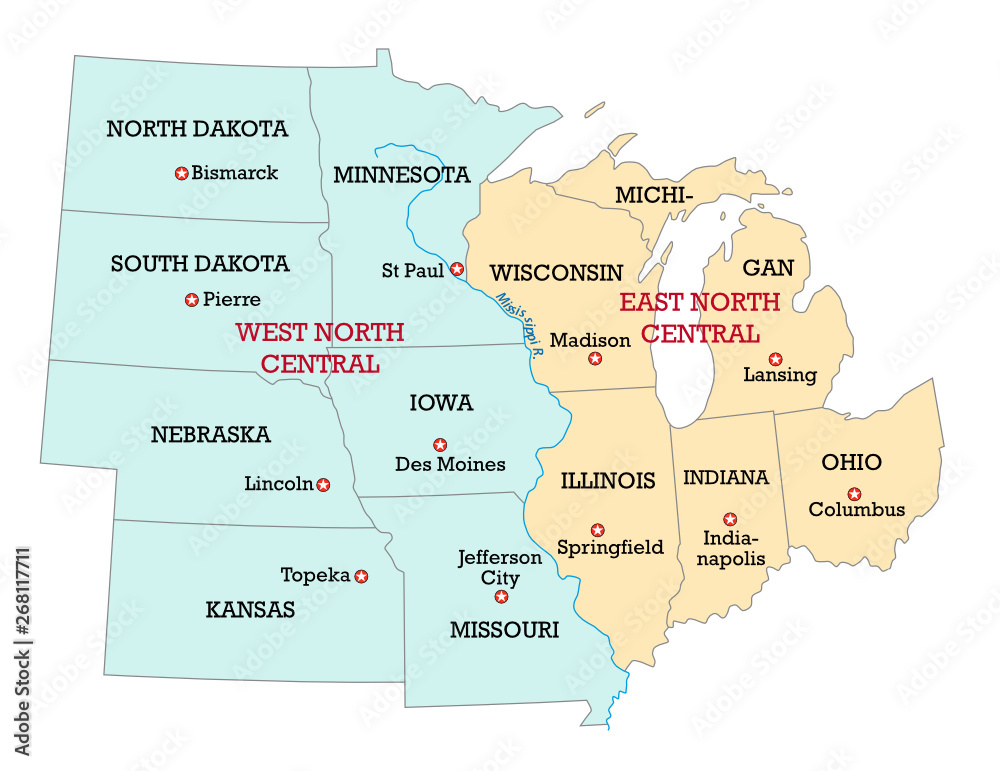 Map of the Midwest United States of America の Stock ベクター | Adobe Stock