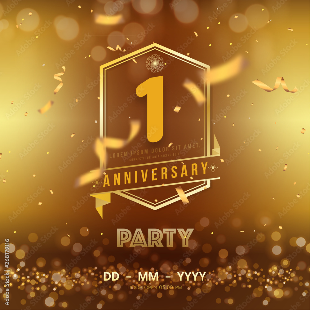 1 years anniversary logo template on gold background. 1st celebrating ...
