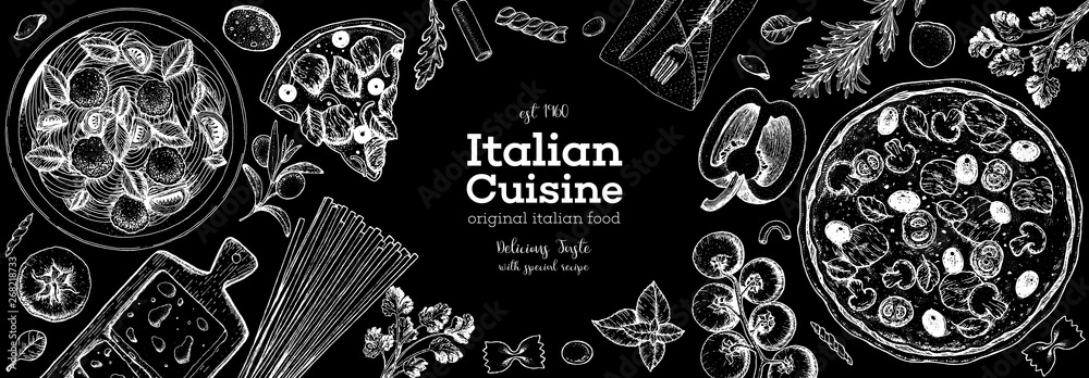 Italian cuisine top view frame. A set of Italian dishes with pasta and ...