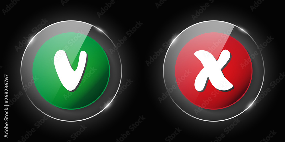 Yes and no round icons with soft shadow and glow on the dark background ...