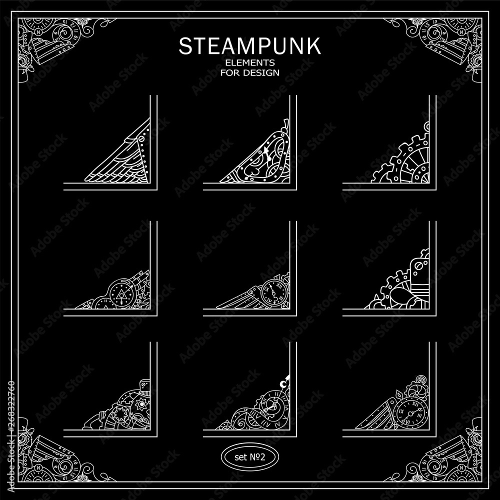 Vector set of square corners for frames, cards, invitations. Steampunk ...