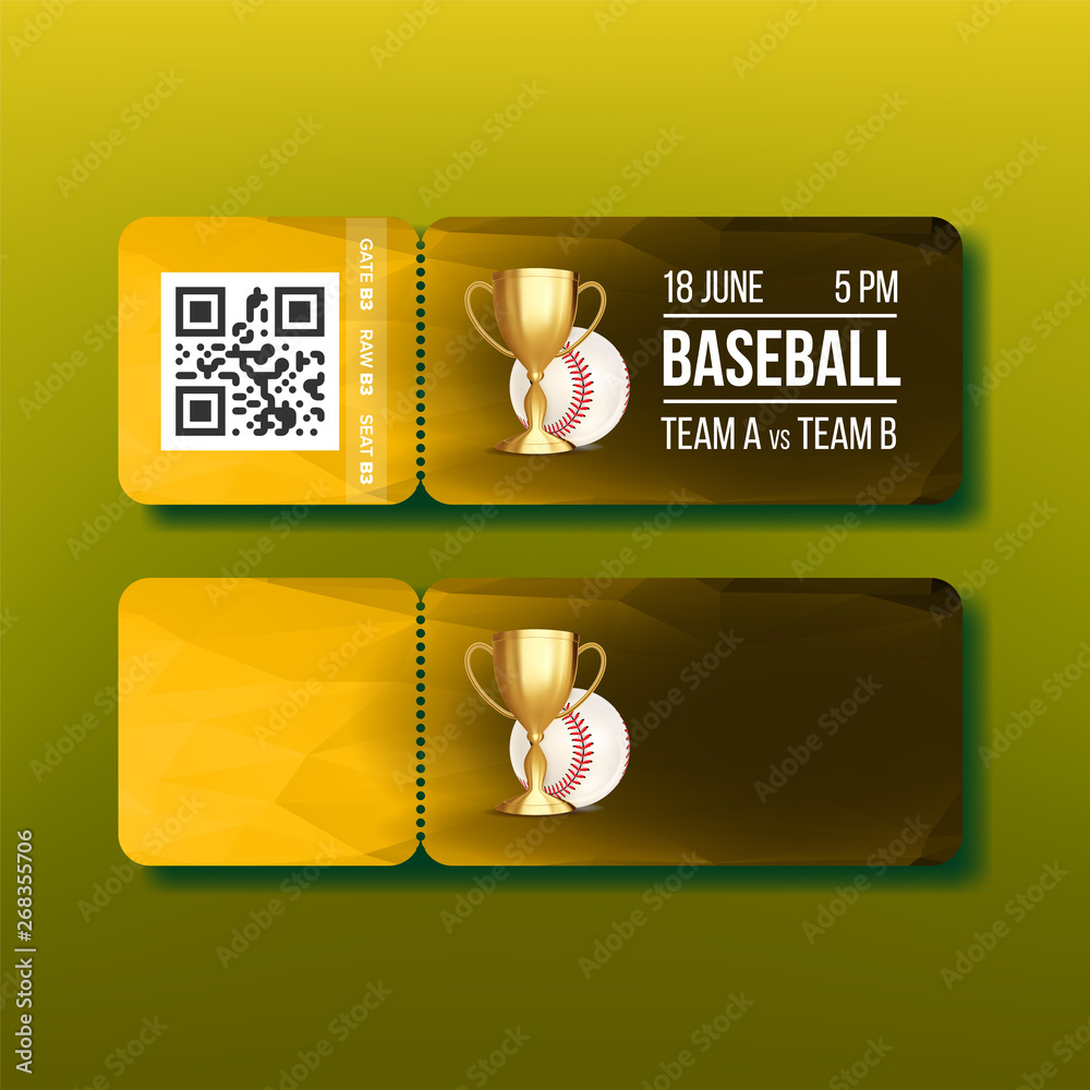 Ticket With Tear-off Coupon On Baseball Vector. Golden Goblet, White ...