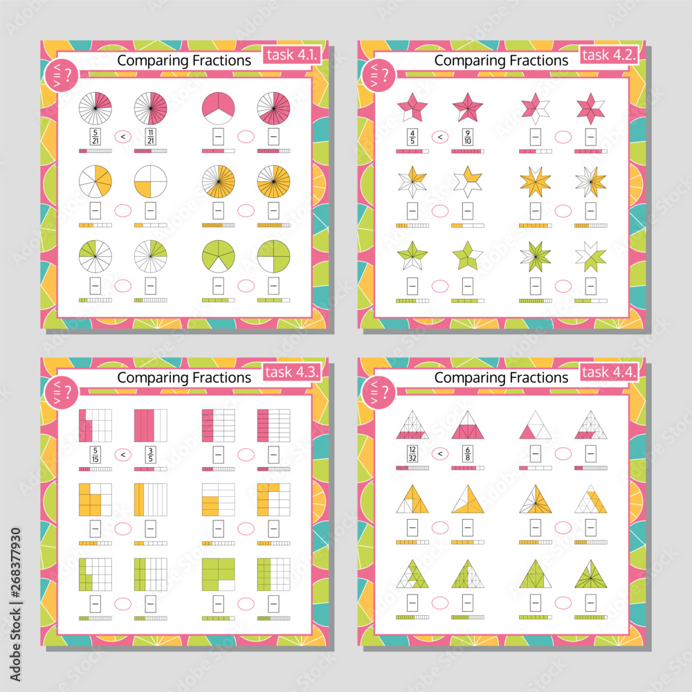 Comparing Fractions Mathematical Worksheet Set. Math Puzzle ...