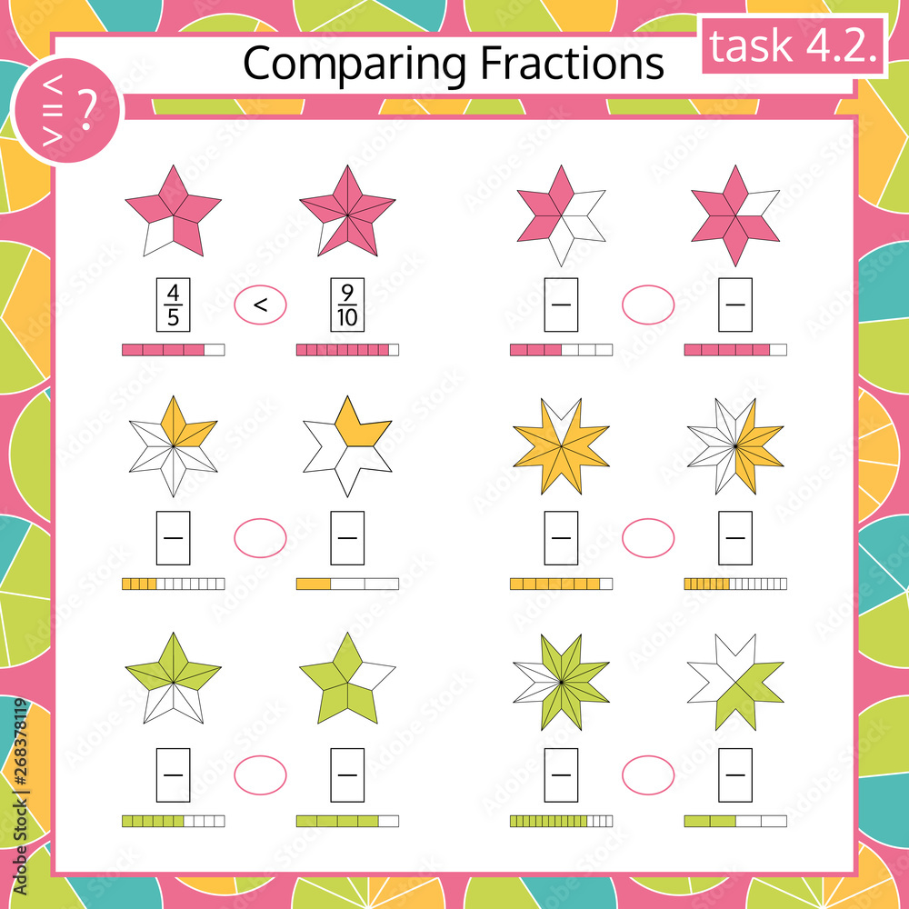 Comparing Fractions Mathematical Worksheet. Stars. Math Puzzle ...