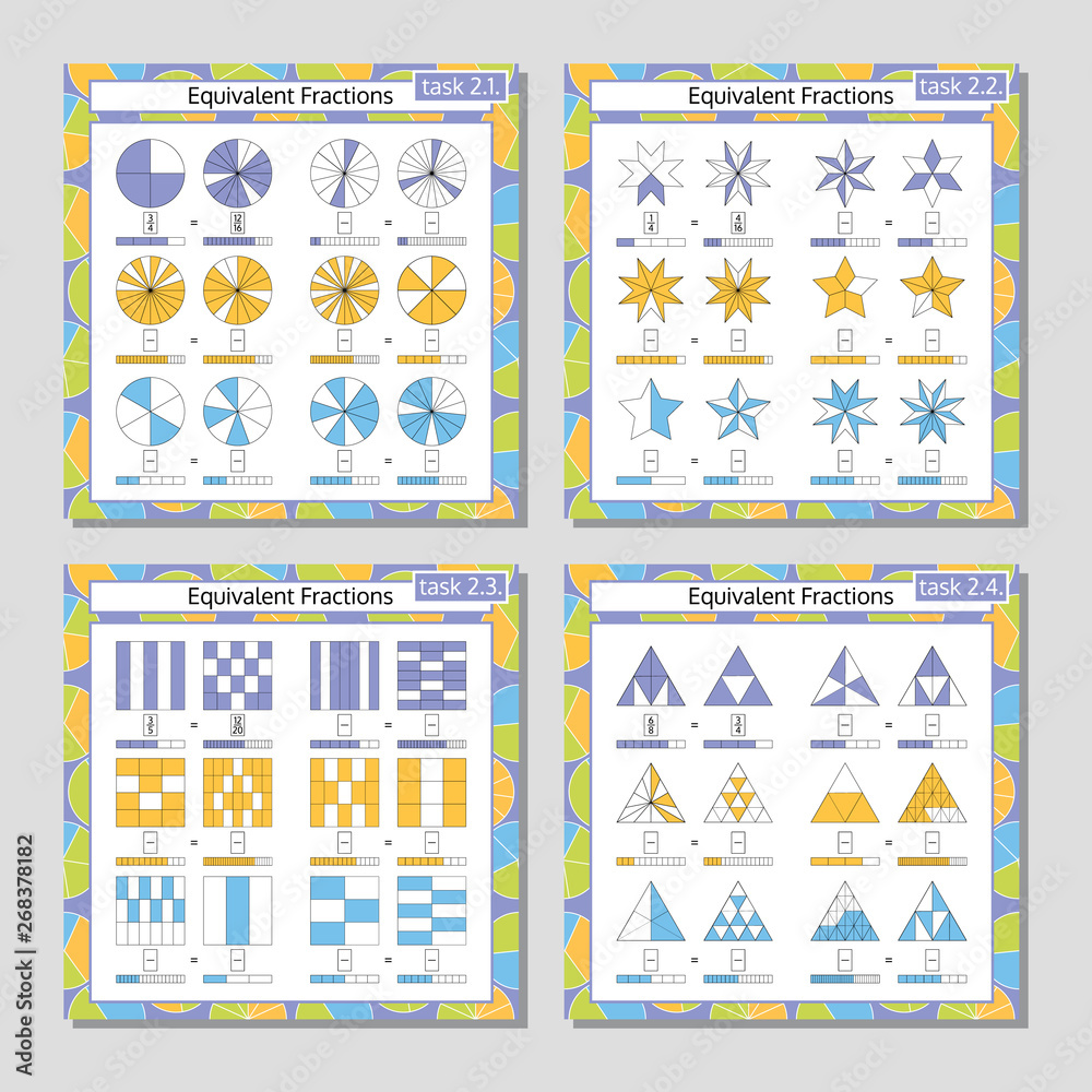 Equivalent Fractions Mathematical Worksheet Set. Math Puzzle ...