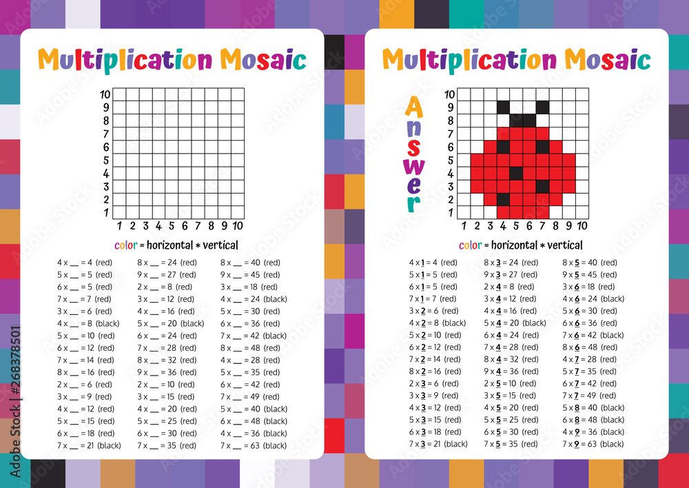 Multiplication Mosaic Math Puzzle Worksheet. Educational Game. Coloring ...