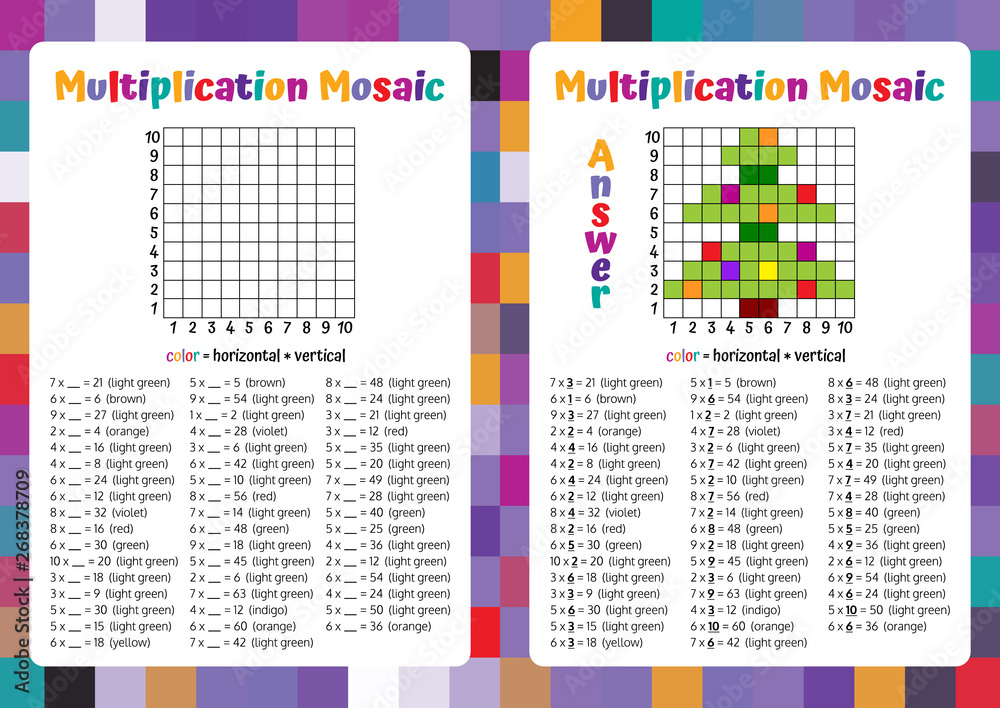 Multiplication Mosaic Math Puzzle Worksheet. Educational Game. Coloring ...
