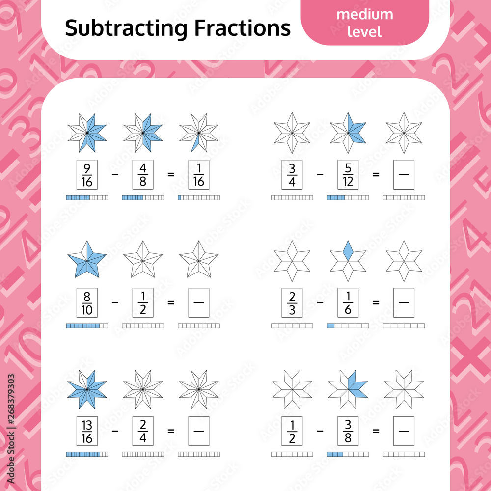 Subtracting Fractions Mathematical Worksheet. Stars. Coloring Book Page ...