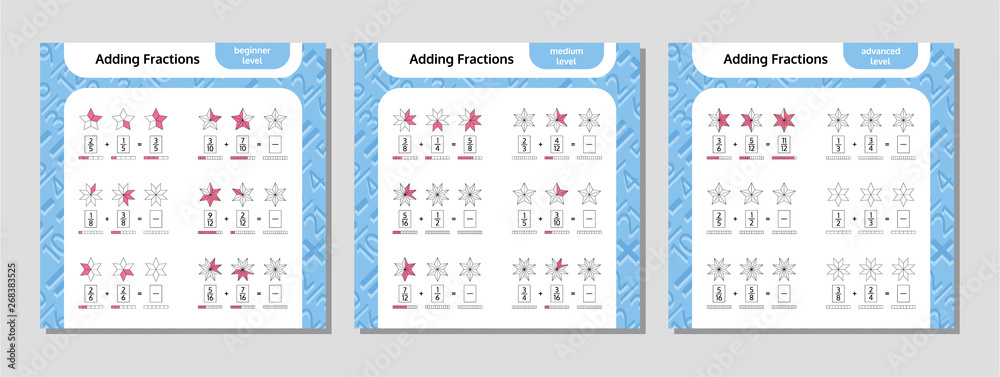 Adding Fractions Mathematical Worksheet Set. Coloring Book Page. Stars ...