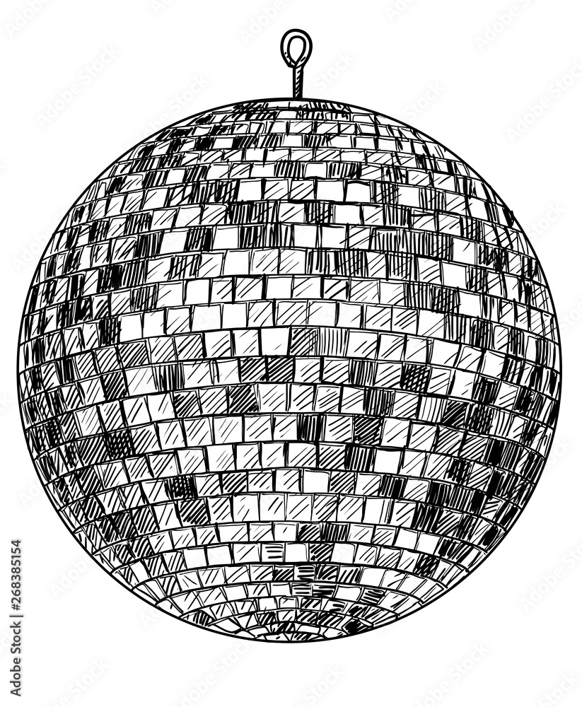 Disco ball illustration, drawing, engraving, ink, line art, vector ...