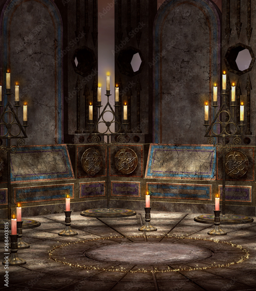 Стокова ілюстрація Magic circle room with chandeliers – 3D illustration ...