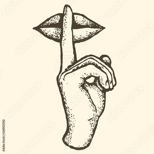sign silence hand finger symbol tattoo lips kiss Stock Illustration ...