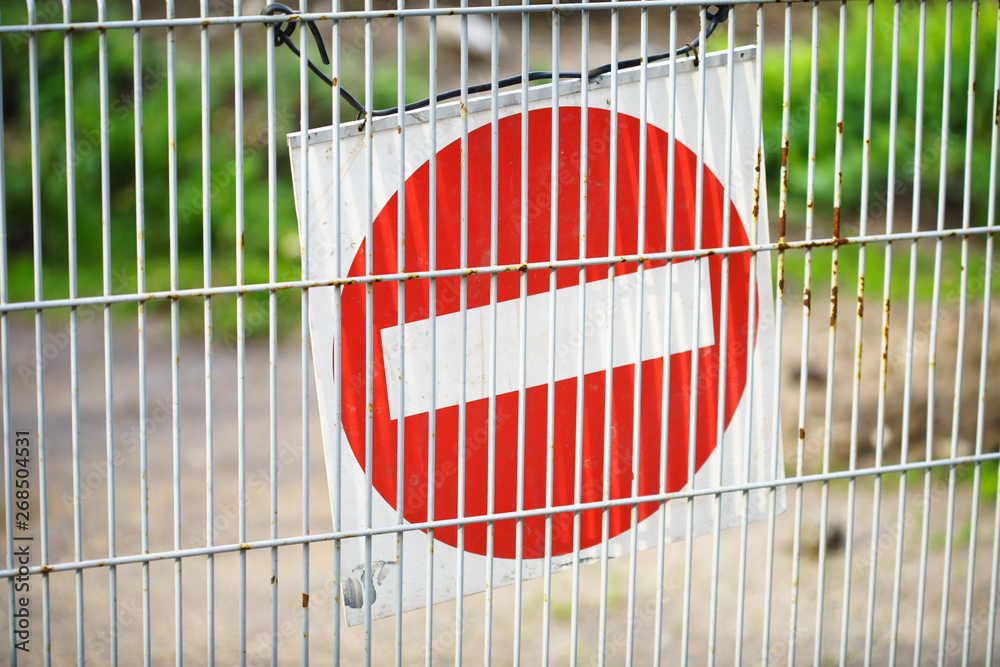 Red and White British No Entry Road Sign with Steel Fence, Red Stop ...