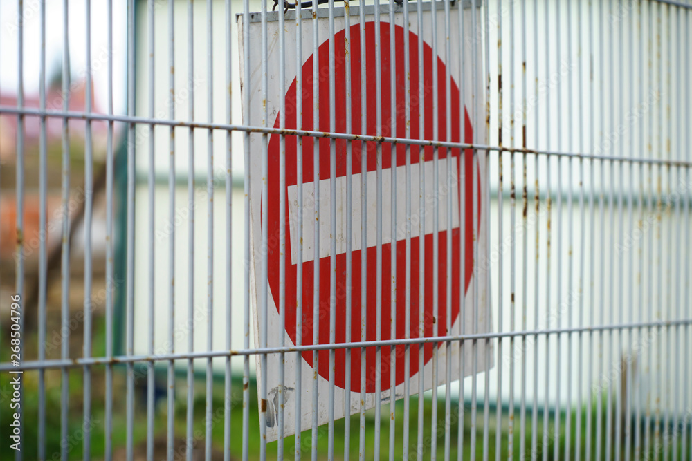 Red and White British No Entry Road Sign with Steel Fence, Red Stop ...