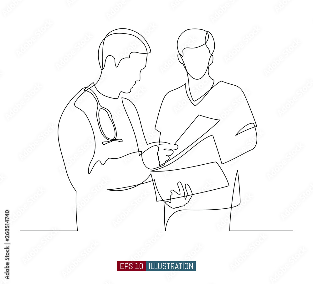 Continuous line drawing of two doctors dialog. Hospital scene. Template ...