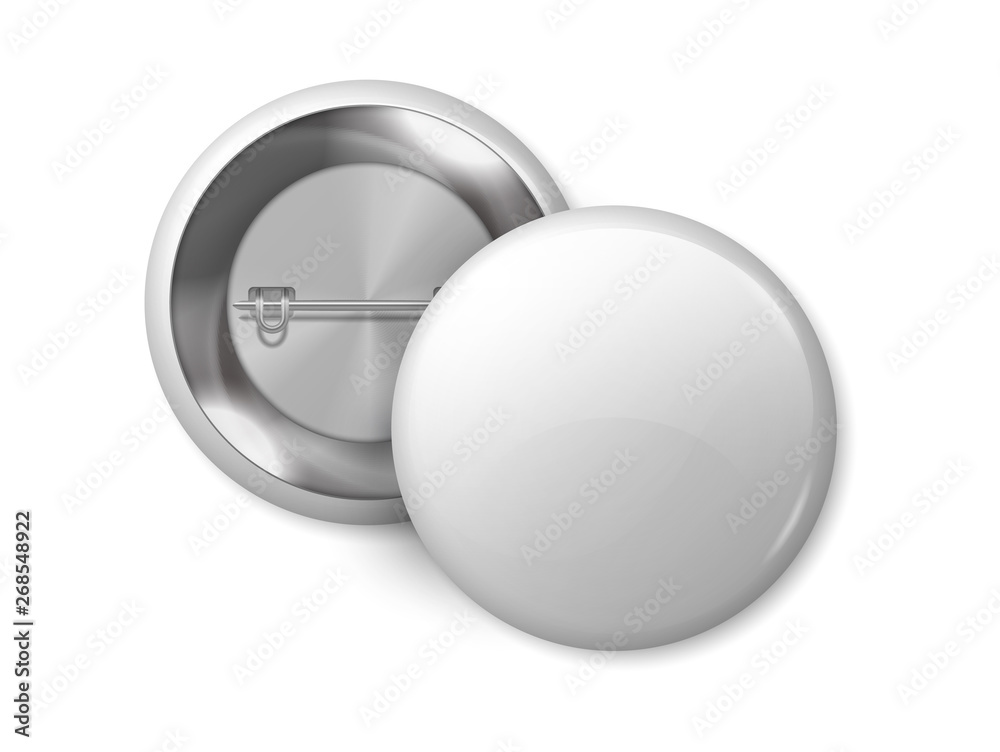 White round badge mockup. Pin button blank merchandise, realistic 3D ...