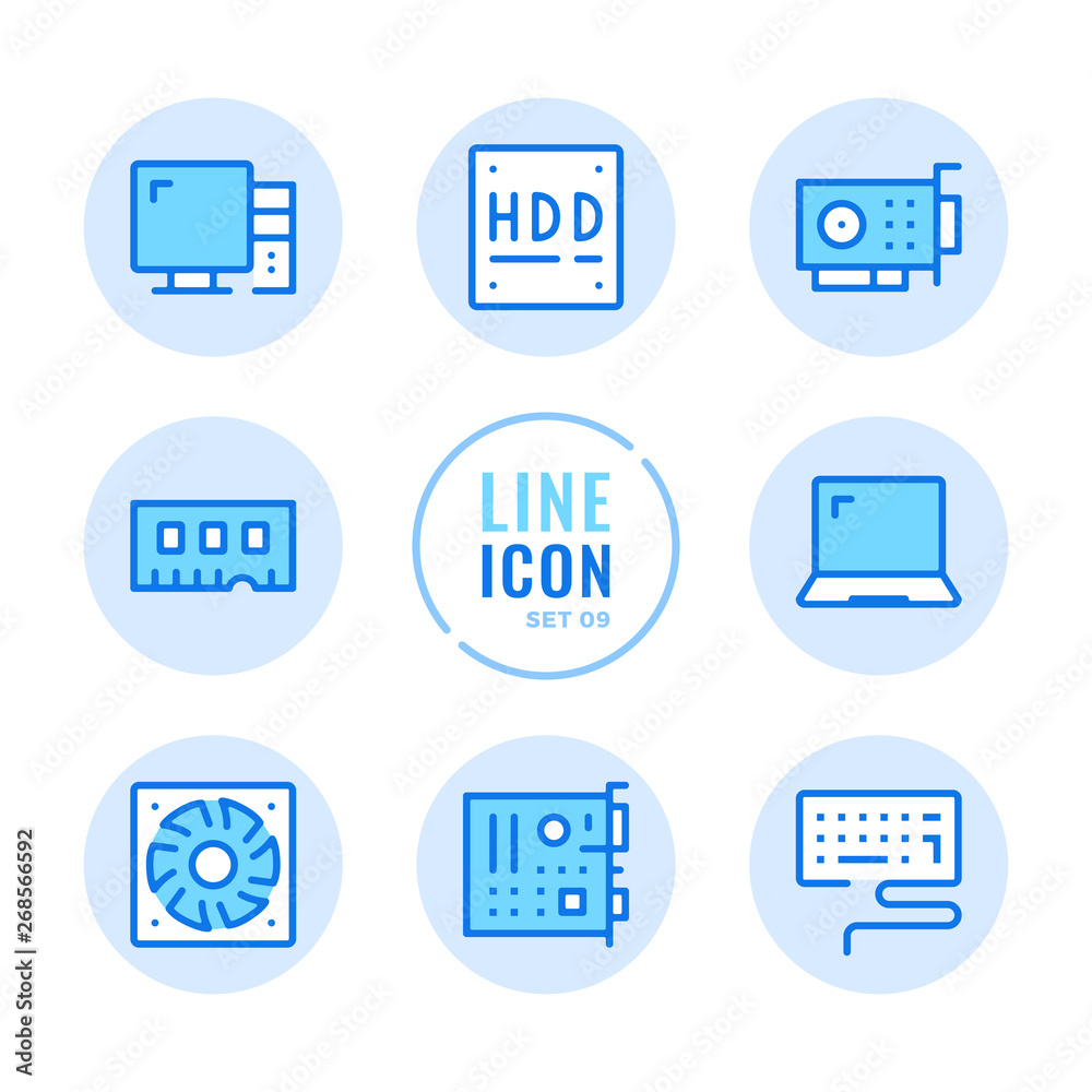 Computer hardware vector line icons set. Computer parts, motherboard, video card, memory stick ...