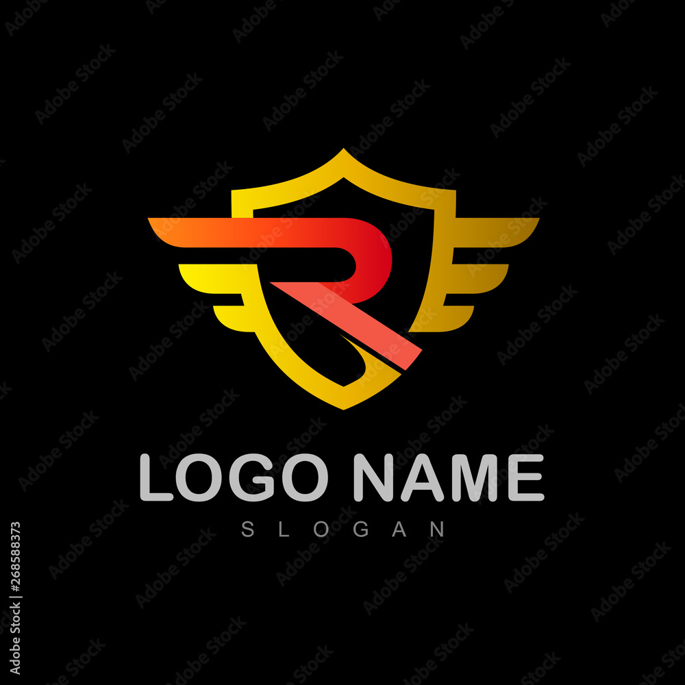 R logo with a shield that uses wings and a modern look + logo letter r ...