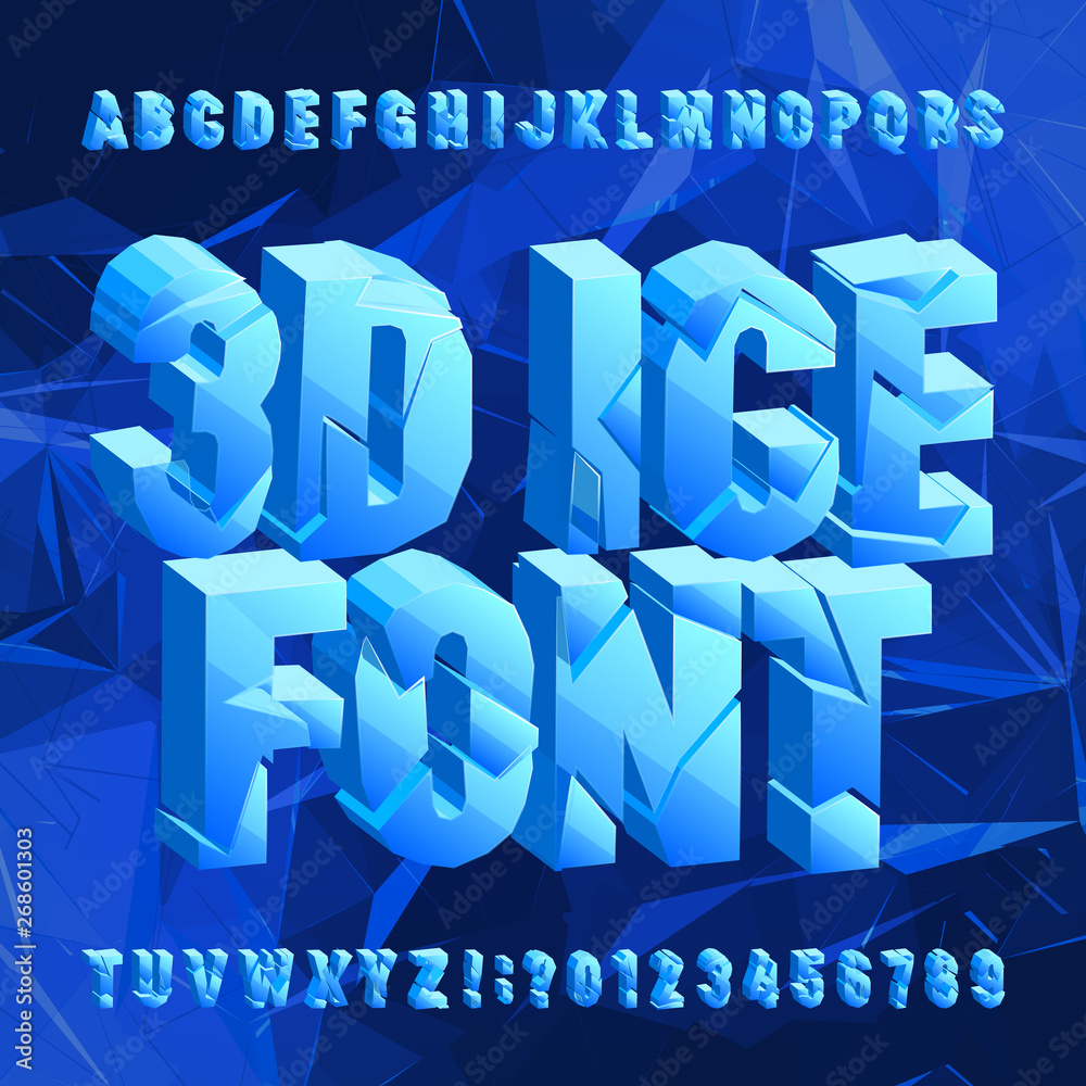 3D Ice alphabet font. Broken frozen letters and numbers on blue ...