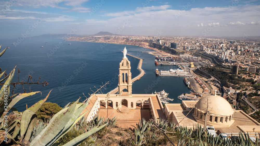 Mountain top cathedral and panorama skyline view of Oran, Algeria Stock ...