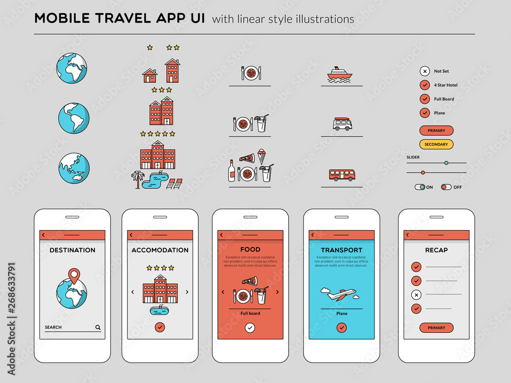 Mobile Travel App UI with linear style illustrations and icons. Stock ...