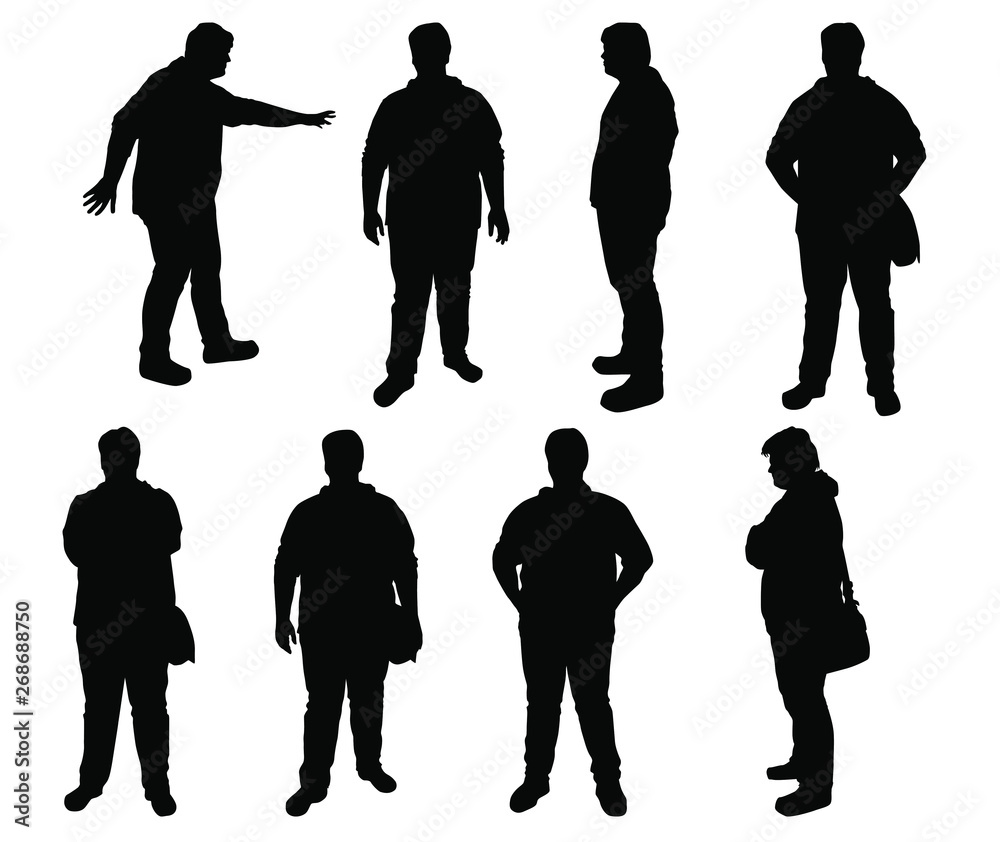 Vector silhouettes of men standing, different poses, fat man, profile ...