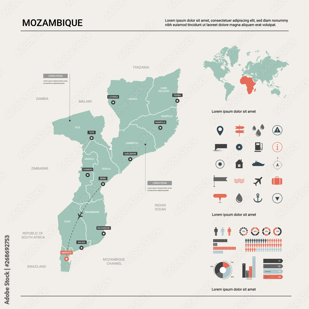 Vector map of Mozambique. Country map with division, cities and capital ...