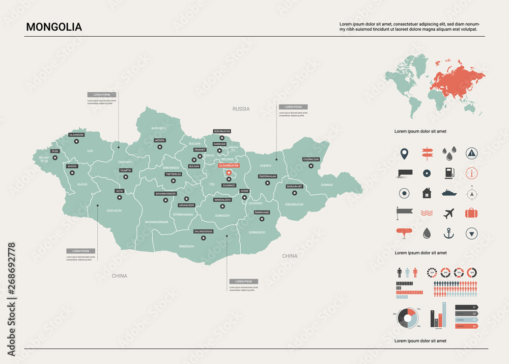 Vector map of Mongolia. Country map with division, cities and capital ...
