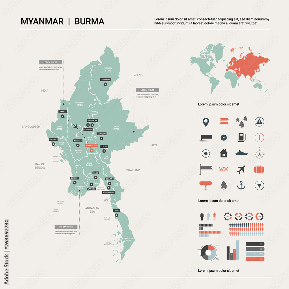 Vector map of Myanmar. Country map with division, cities and capital Naypyidaw. Political map ...