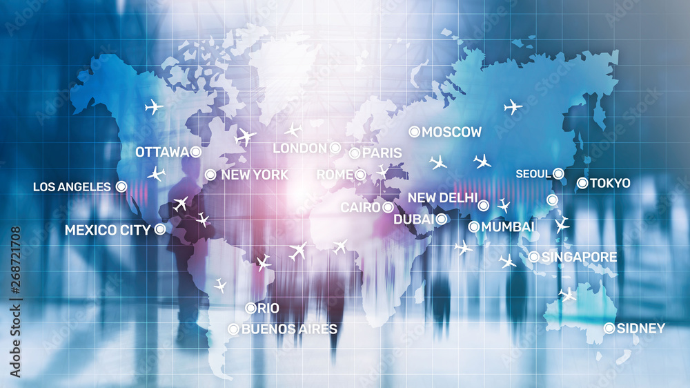 Stockfoto Aviation wallpaper with planes over the map with major city ...