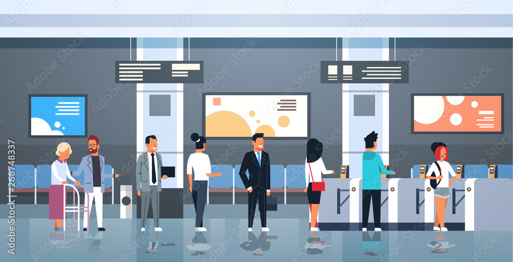 people standing line queue at automatic fare gate public transport ...