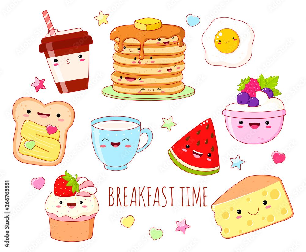 Set of cute breakfast food icons in kawaii style Stock Vector | Adobe Stock
