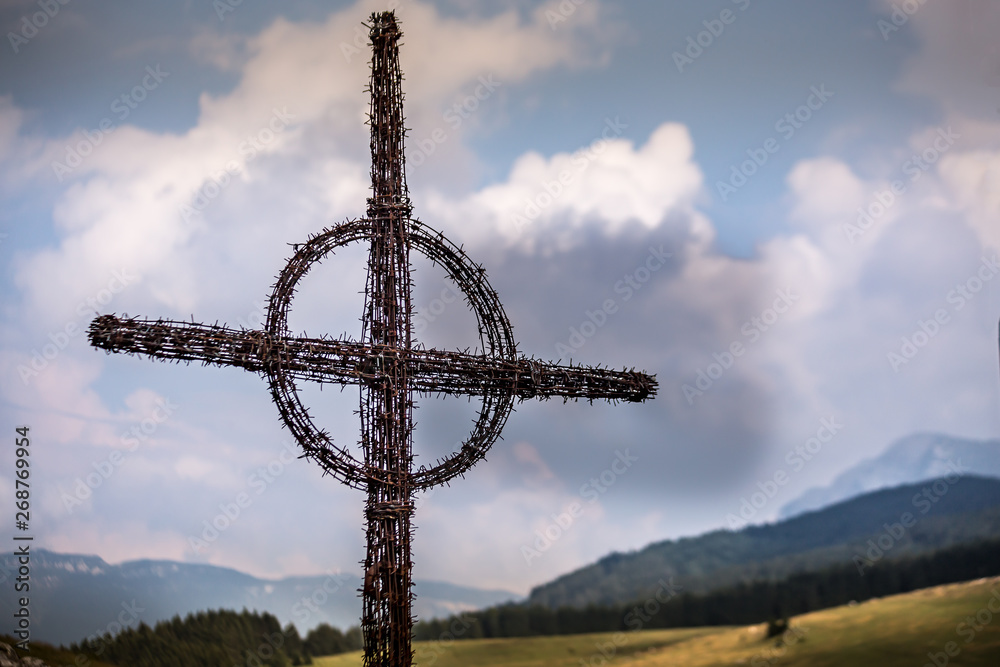 Barbed wire cross, buit in memory of fallen soldiers during the WWI ...